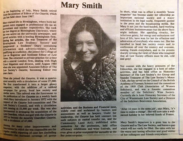 Trailblazers in Legal Journalism: Mary Smith (1967-1979) - First 100 Years